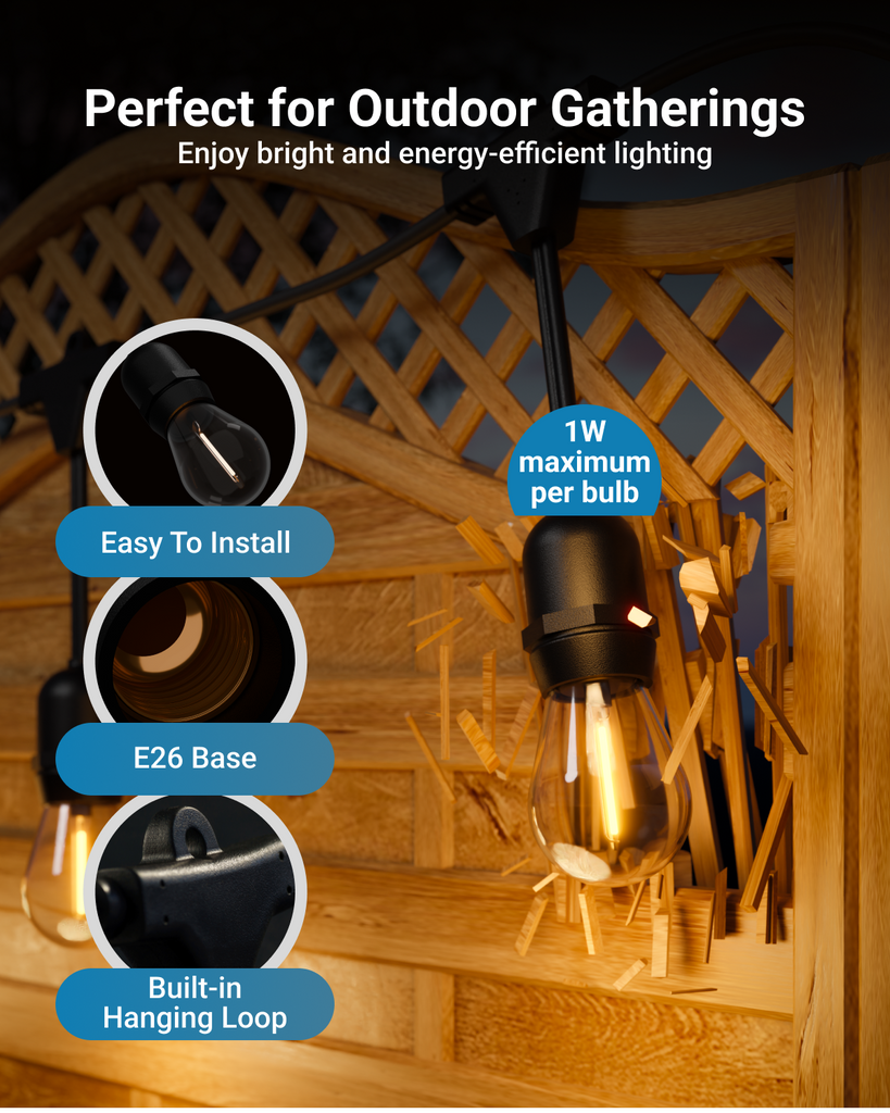 48ft Outdoor String Lights, 24 LED Filament Bulbs, Suspended Standard ...