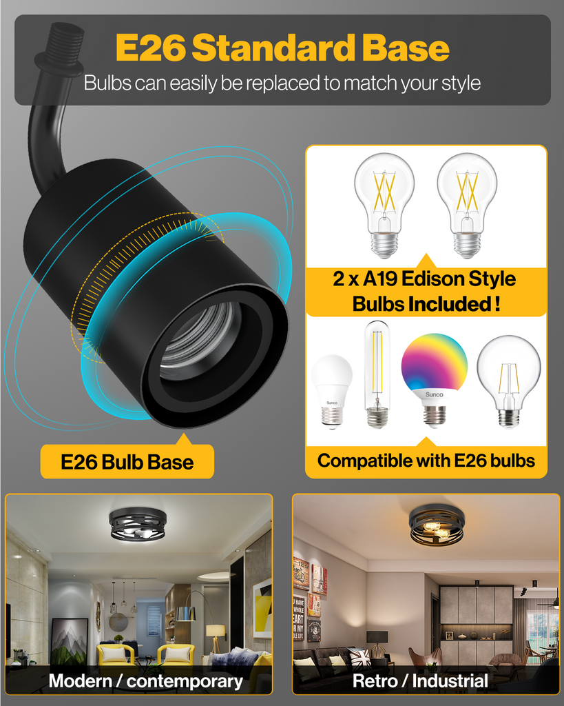 ARCADIA INDUSTRIAL CEILING LIGHT FIXTURE WITH 2X A19 LED FILAMENT BULBS ...